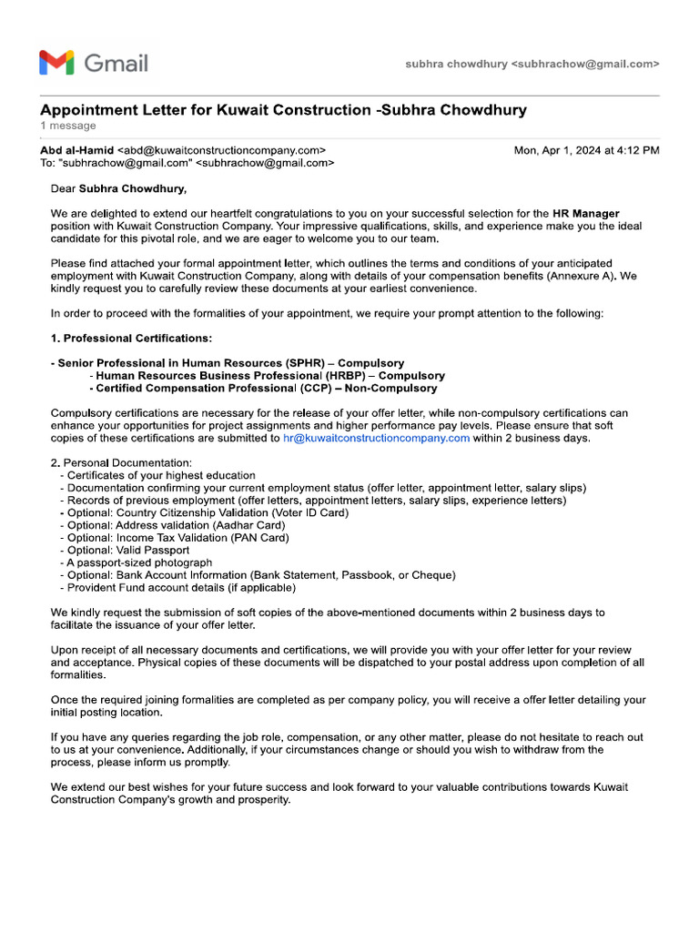 Offer Letter From Kuwait Construction | PDF