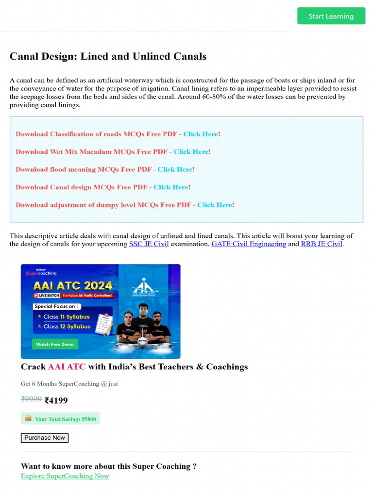 Canal Design of Unlined & Lined Canals, Kennedy & Lacey's Theory | PDF