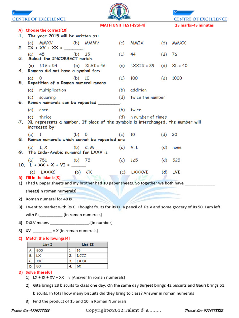 MATH UNIT TEST - (Std-4) | PDF