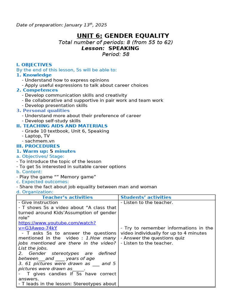 Gender Equality in Career Choices Lesson | PDF | Teachers | Communication