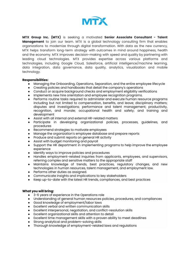 Senior Associate Consultant Role at MTX | PDF | Human Resources ...