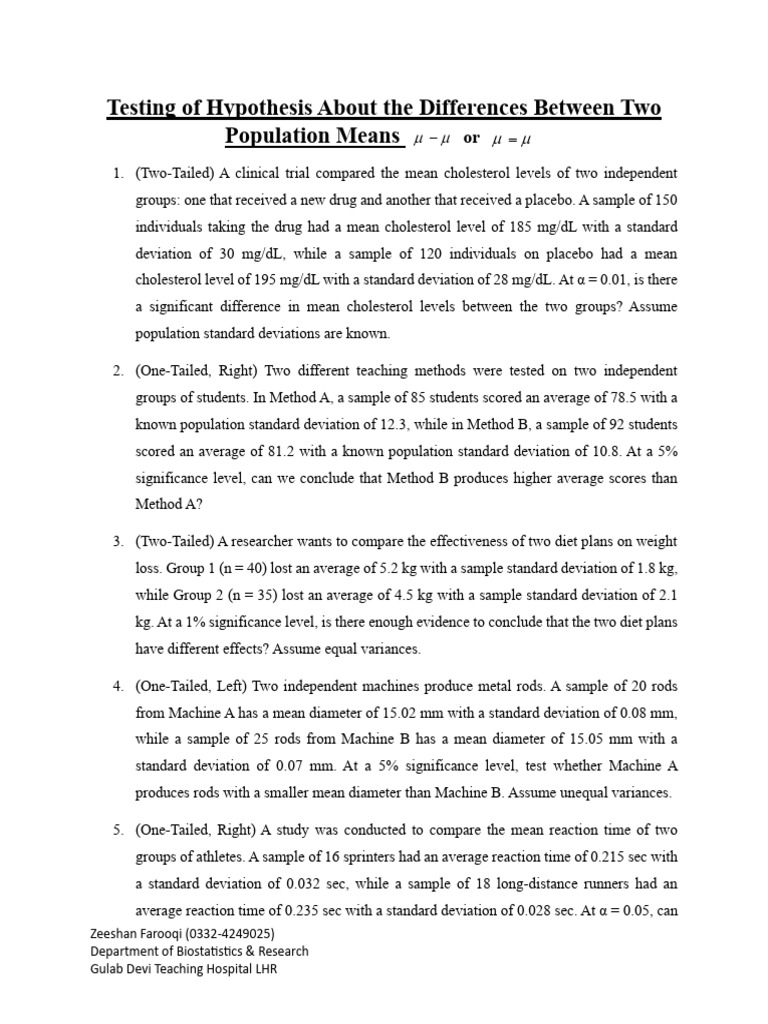 Testing of Hypothesis About Difference Between Two Population Means ...