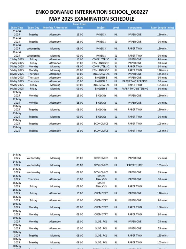 EBIS_IB Exam Schedule May 2025 | PDF | Qualifications | Educational ...