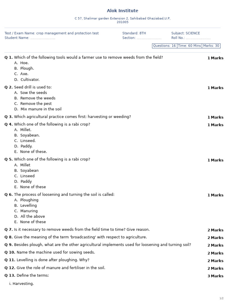 Crop Management Test for 8th Grade Science | PDF | Crops | Agricultural ...