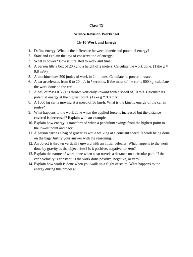 Cl9 Science Worksheet Ch3 ch10 | PDF | Mass | Potential Energy