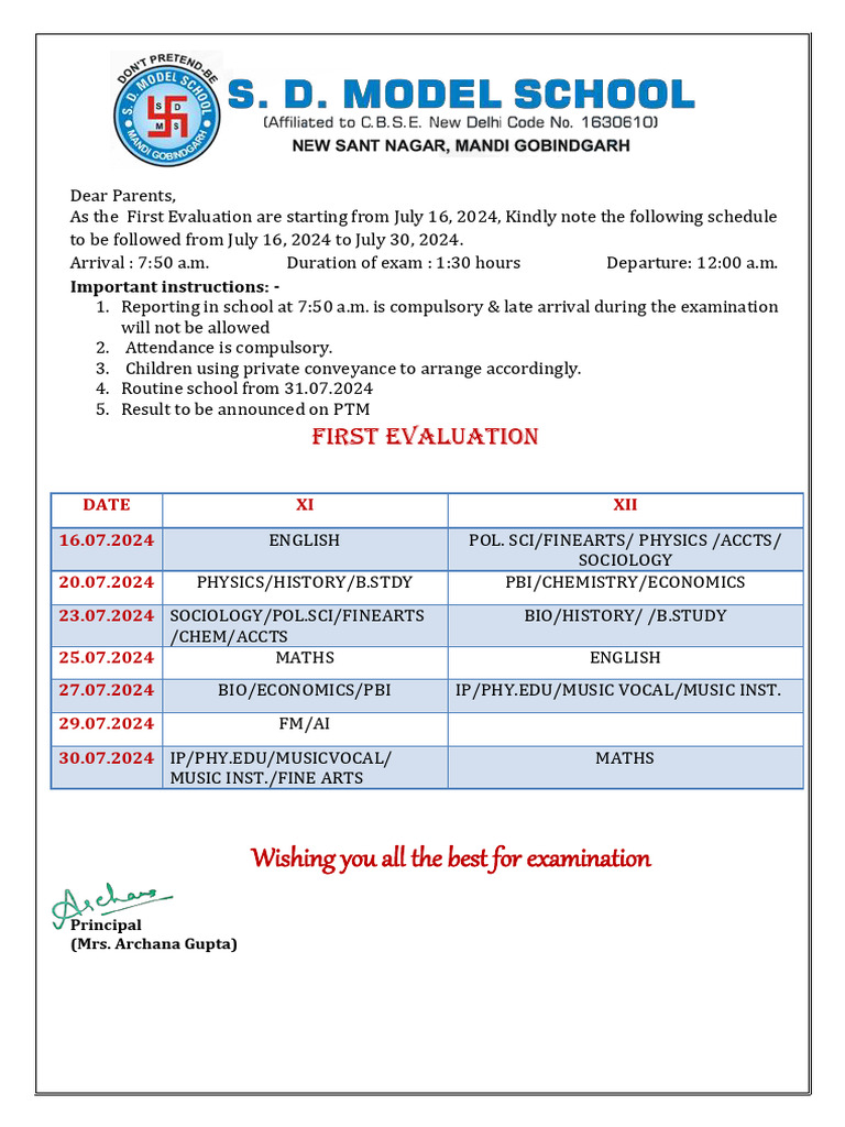 First Evaluation Date Sheet Xi Xii | PDF