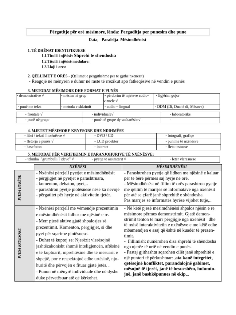 Përgatitje Për Orë Mësimore | PDF