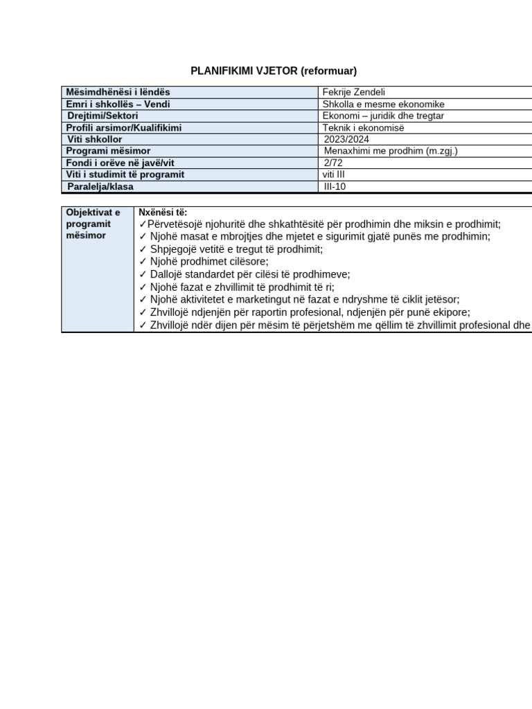 PLANIFIKIMI VJETOR | PDF