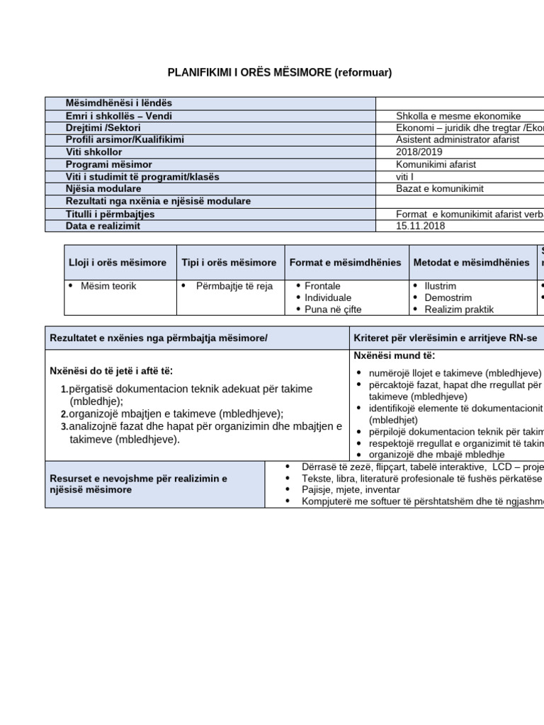 Planifikimi I Orës Mësimore | PDF