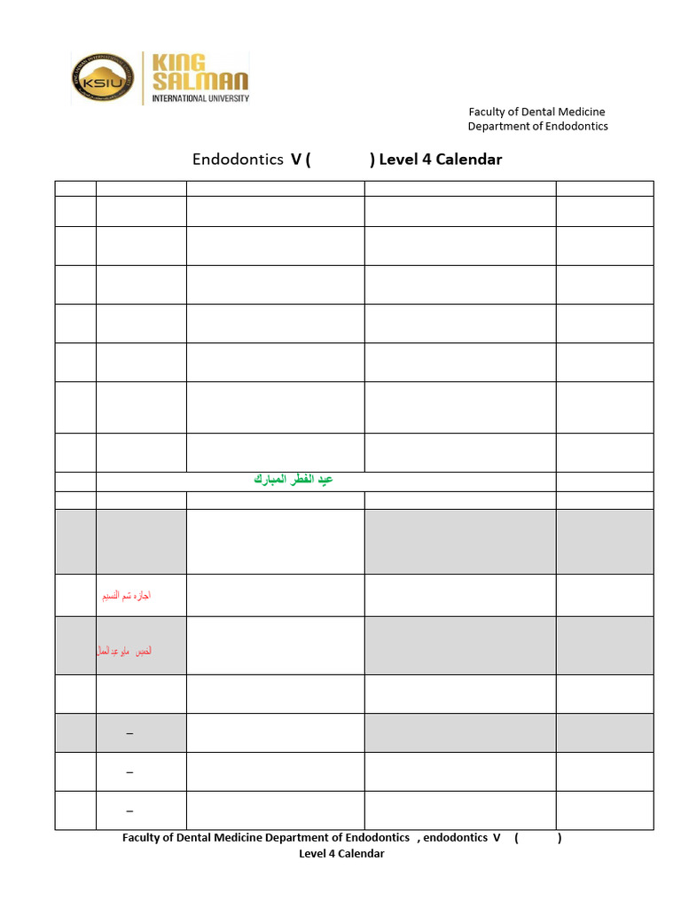 Endodontics V Level 4 Course Calendar | PDF | Health Care | Dentistry