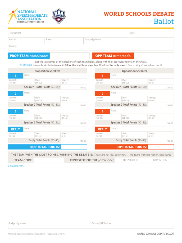 Blank World Schools Debate Ballot | PDF | Human Communication