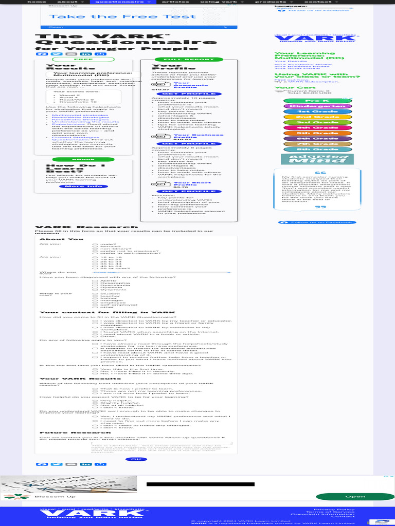 The VARK® Questionnairefor Younger People - VARK | PDF | Learning | Cognition