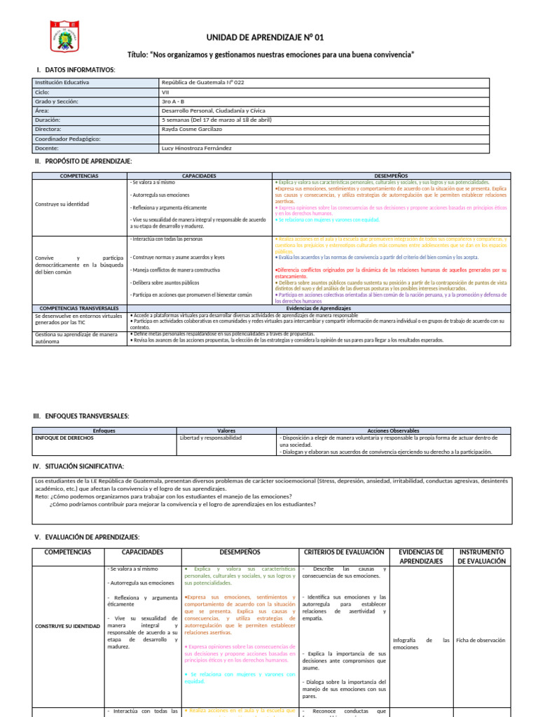 Unidad de Aprendizaje #01 DPCC 3ro 2025 | PDF | Evaluación | Las emociones