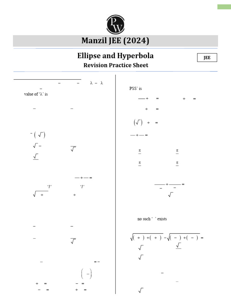 Ellipse And Hyperbola Practice Sheet Pdf Ellipse Euclidean Geometry