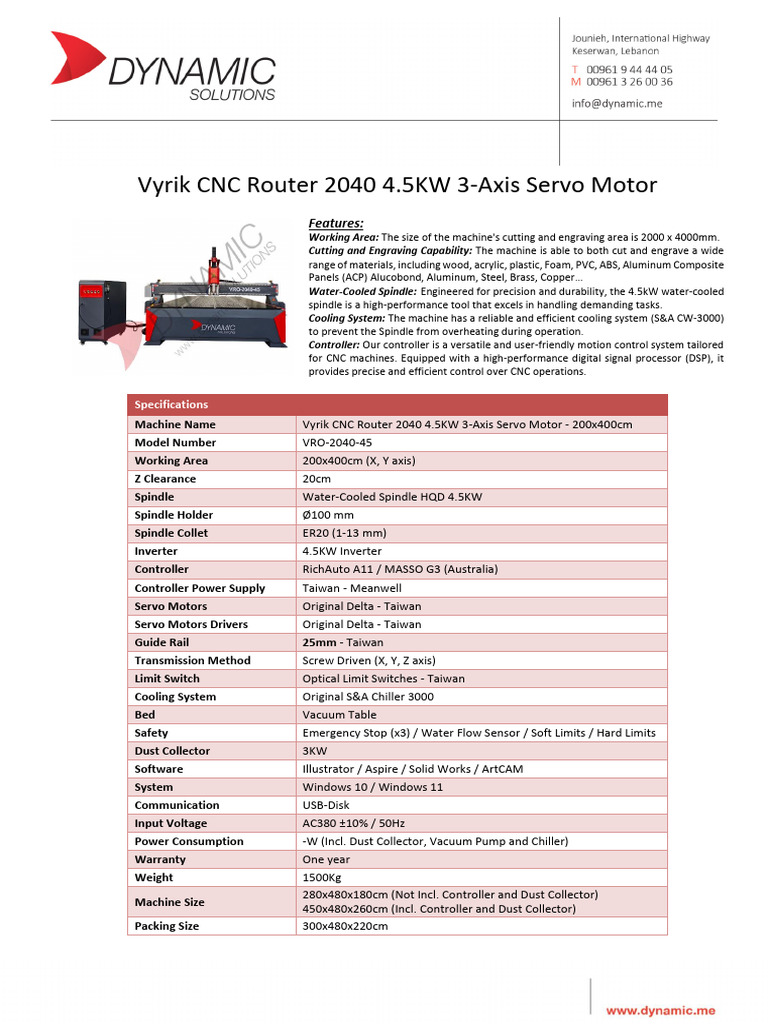 Vyrik CNC Router 2040 4.5KW 3-Axis Servo Motor | PDF | Numerical Control | Manufactured Goods