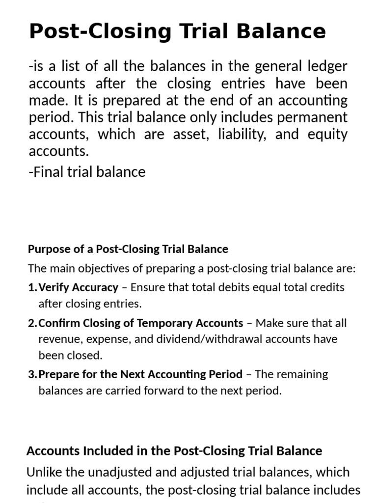 Post-Closing Trial Balance Overview | PDF | Debits And Credits | Expense