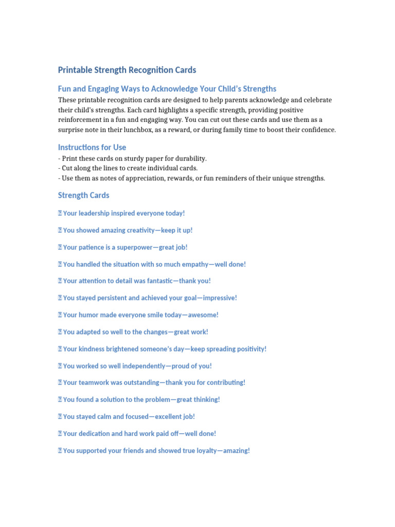 Printable Strength Recognition Cards | PDF