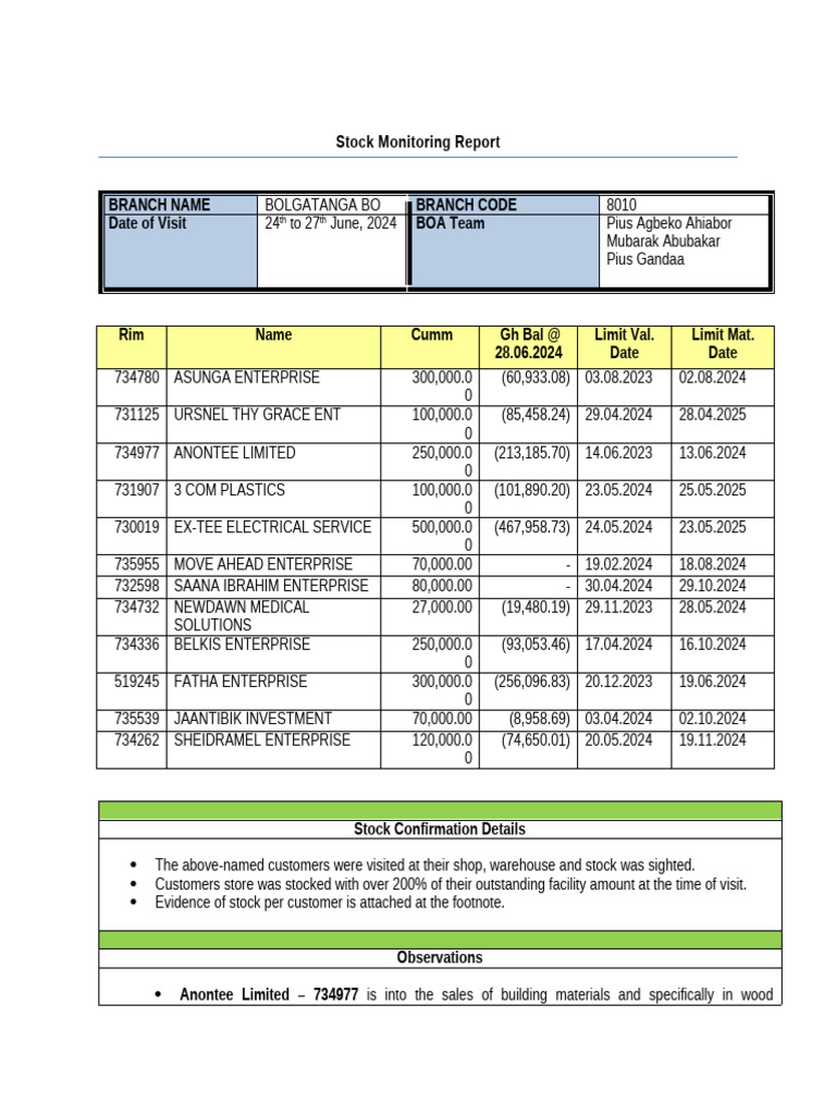Bolgatanga Stock Monitoring Report 2024 | PDF | Overdraft | Private Sector