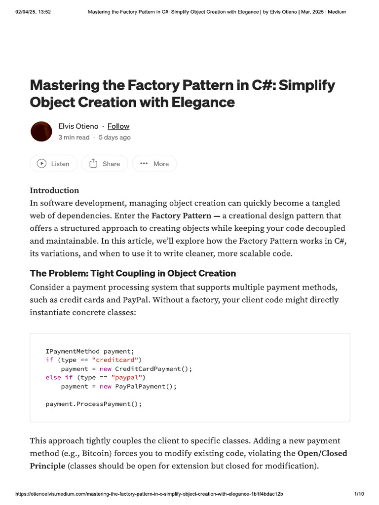 Mastering The Factory Pattern in C# - Si.. | PDF