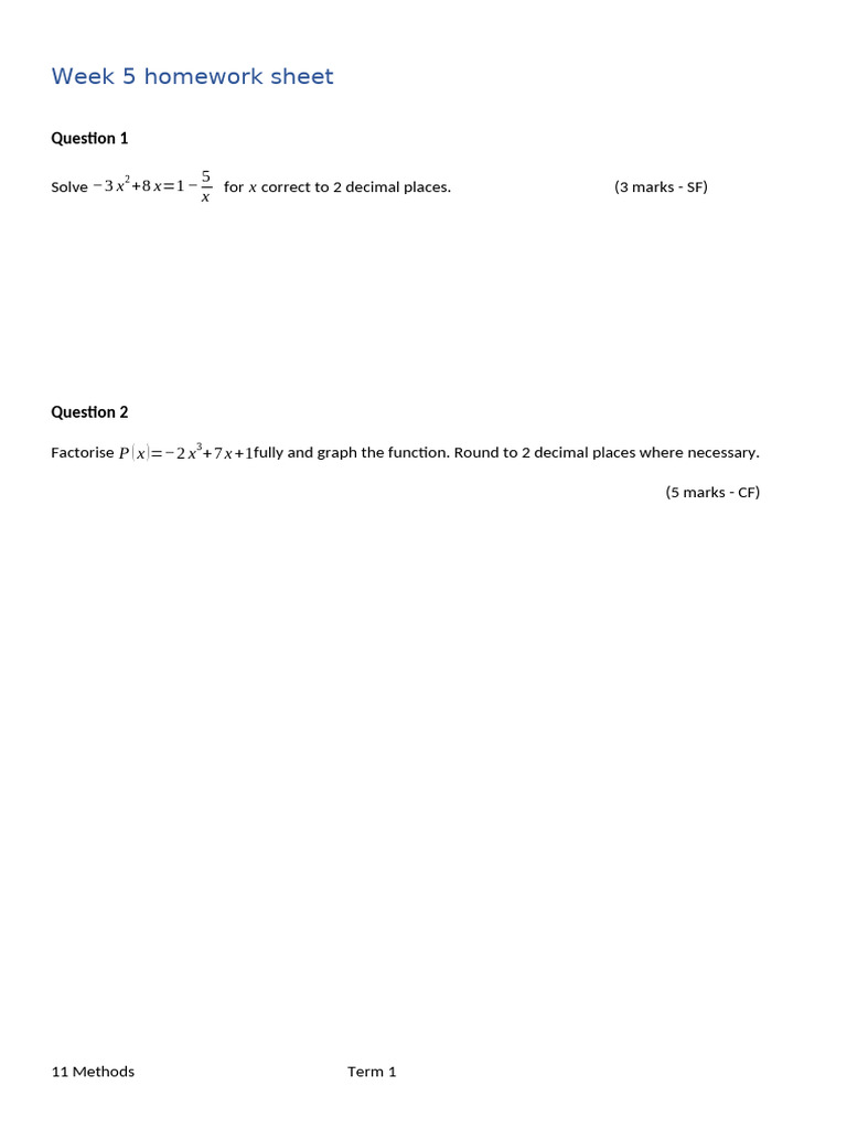 11MM T1 Week 5 Homework Sheet | PDF