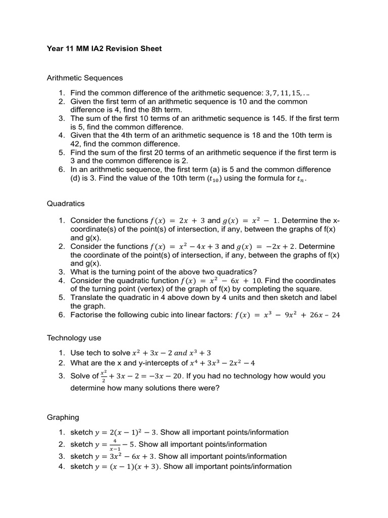 Year 11 MM IA2 Revision Sheet 1 (可能性， 二次方程图像） | PDF | Mathematics ...