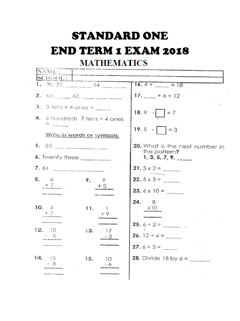 Mathematics STD 1 End Term 1 Exam 2018 | PDF