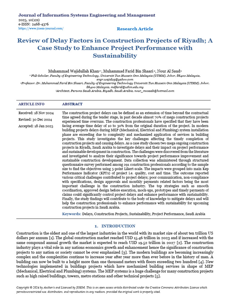Review of Delay Factors in Construction Projects of Riyadh A Case Study To Enhance Project ...
