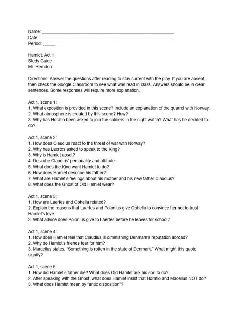 Hamlet Act 1 Study Guide Questions | PDF