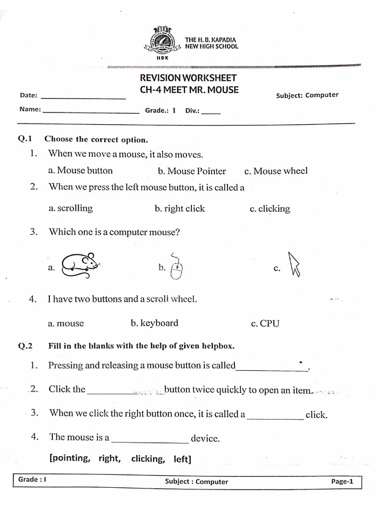 Grade 1 - Computer - CH 4 - Revision Worksheet | PDF