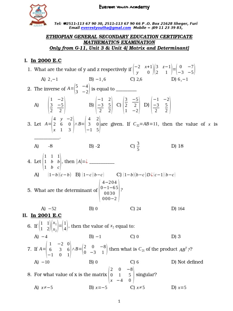 @Tmhrt_Minister Maths grade - 11 (Unit 3 Unit 4) | PDF | Matrix (Mathematics) | Determinant