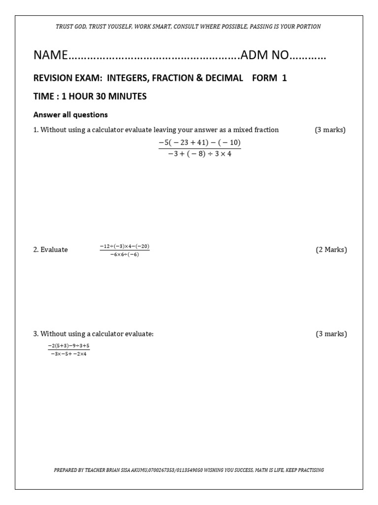 Kcse Revision Exam F1 Integers, Fractions & Decimal. Brian | PDF | Mathematics | Arithmetic