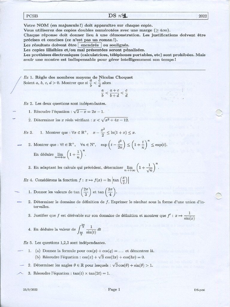 MATH 22-23 - DS n1 Sujet | PDF
