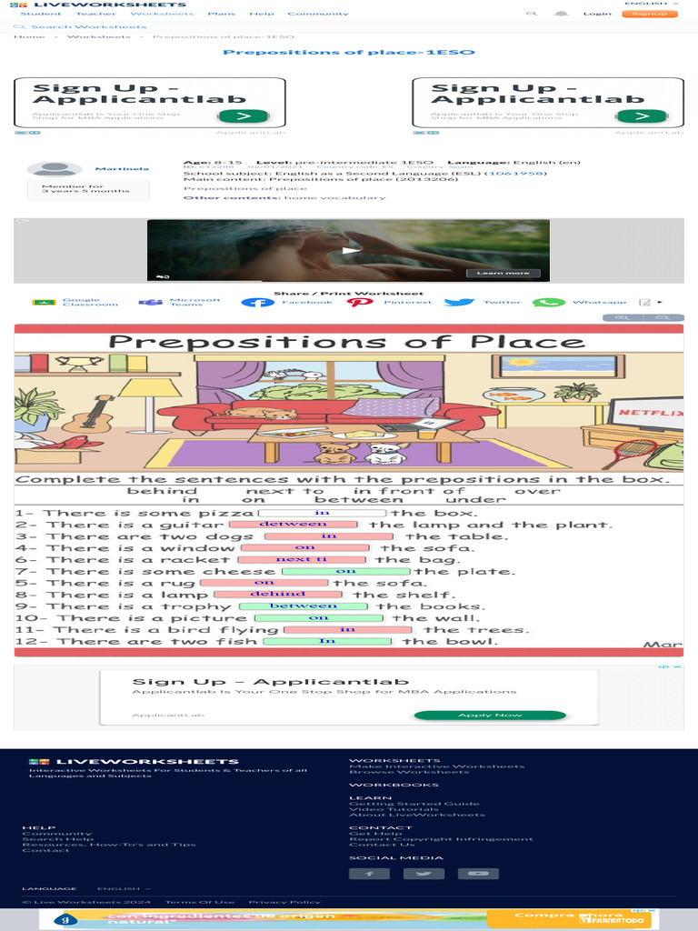 Prepositions of Place-1ESO Worksheet Live Worksheets | PDF | Worksheet
