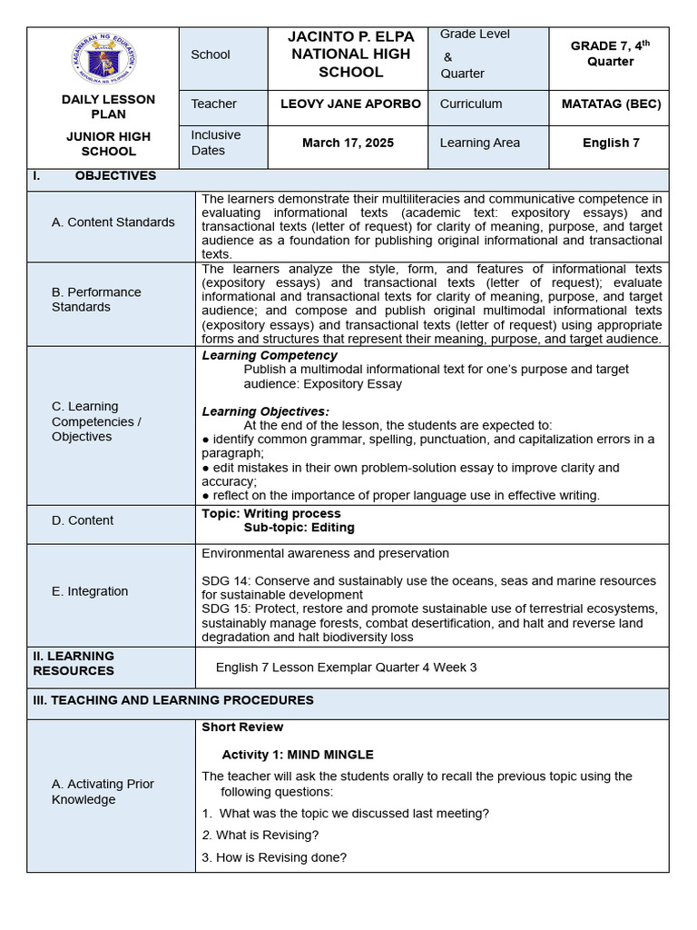 Editing Skills for Grade 7 Writing | PDF | Editing | Learning