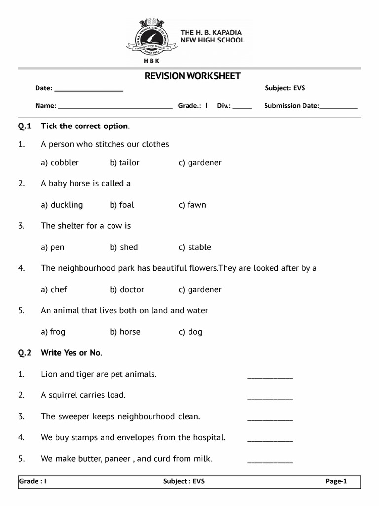 Grade-1 EVS Revision Worksheet | PDF