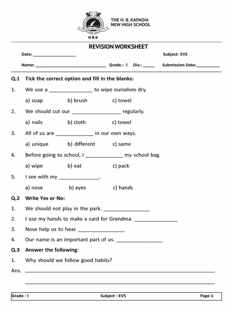 Grade 1 - Evs - Revision Worksheet | PDF