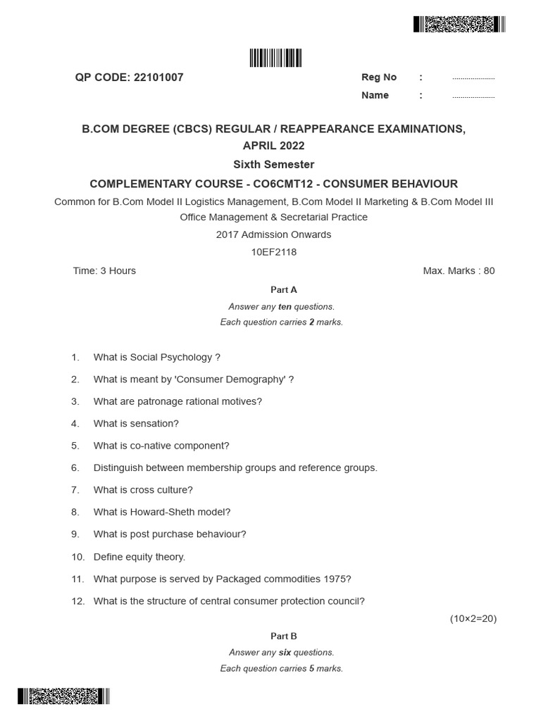 B.Com Consumer Behaviour Exam Paper | PDF | Consumer Behaviour | Behavior