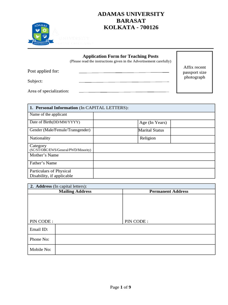 Teaching Post Application Form | PDF | Thesis | Doctor Of Philosophy