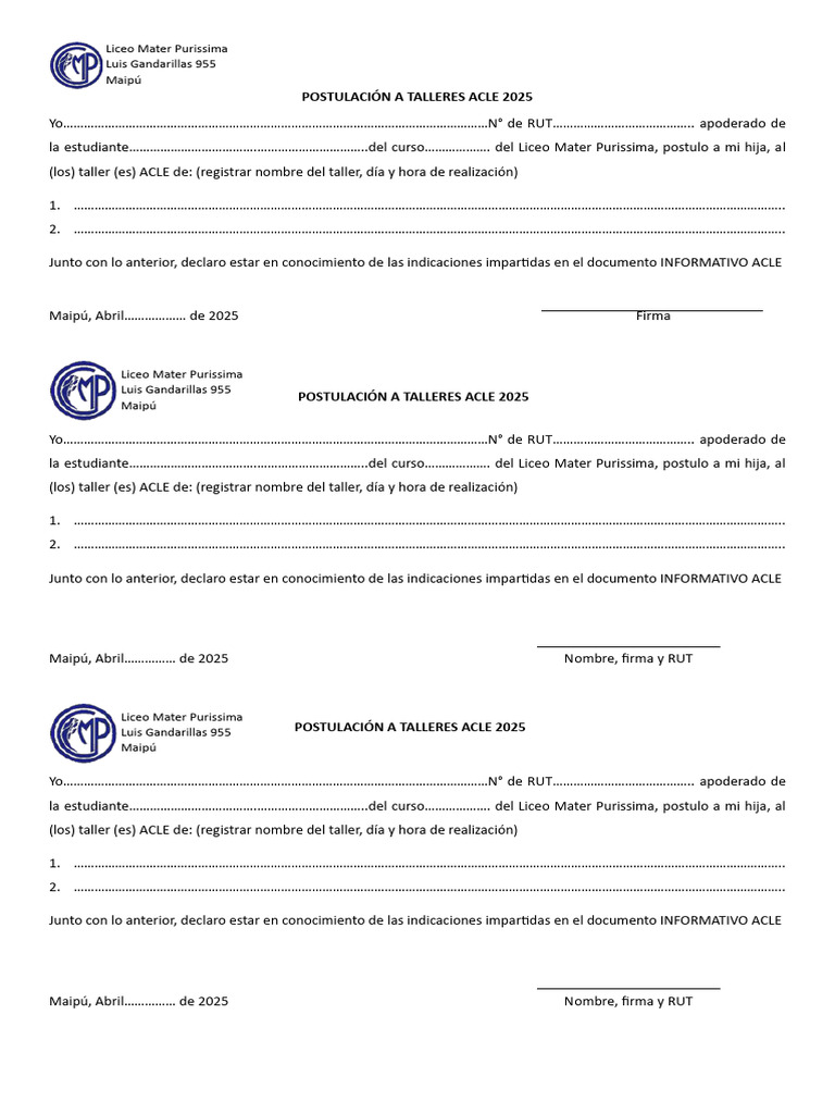 Colilla Postulación A Talleres Acle 2025 | PDF