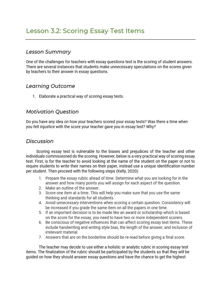 Lesson 3.3 Scoring Essay Test Items | PDF | Grammar | Essays