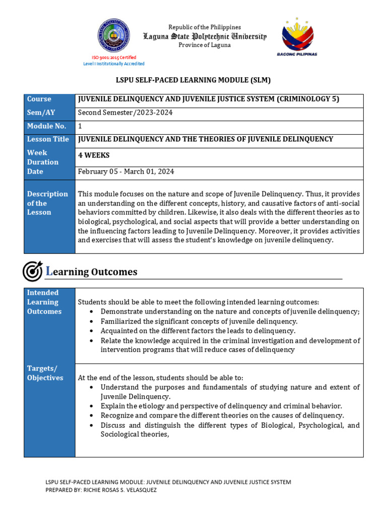 Module 1 Juvenile Delinquency and The Theories of Criminal Behaviors | PDF | Juvenile ...