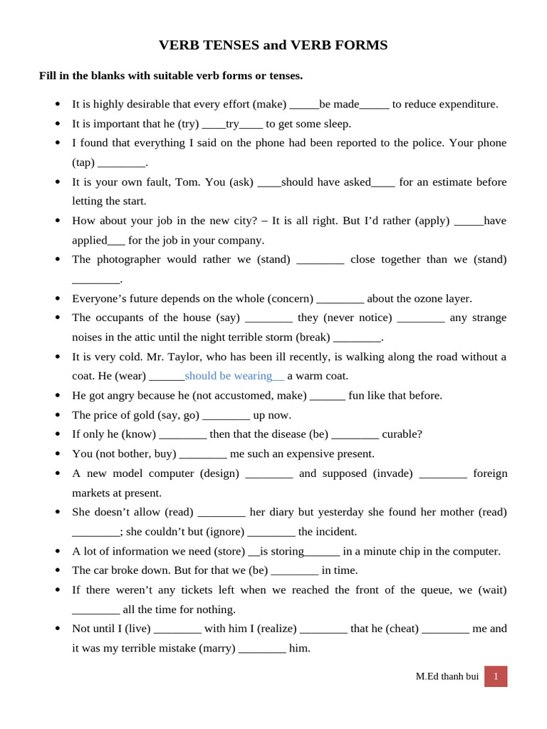 Verb Tenses and Forms Exercises | PDF