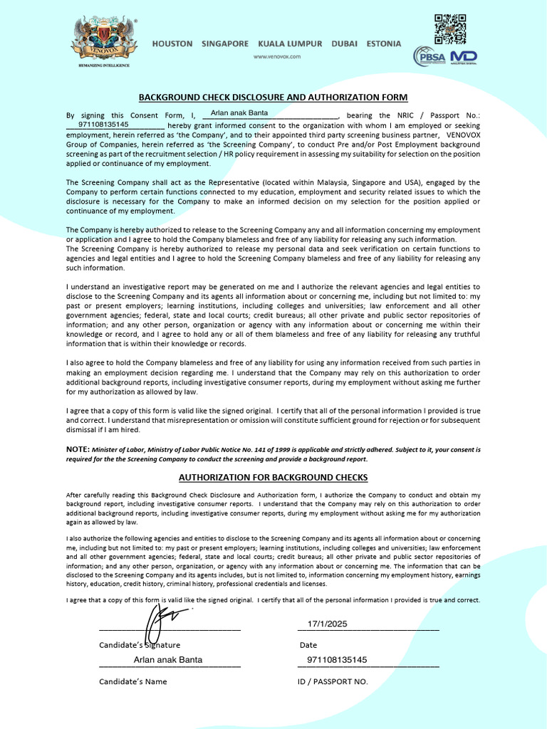 Background Check Disclosure and Authorization Form (Fillable) 2 | PDF ...
