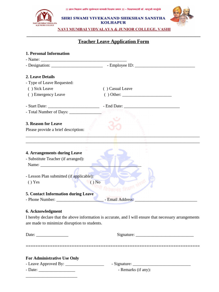 Teacher Leave Application Form | PDF