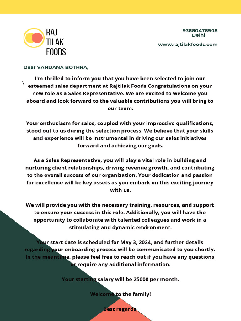Welcome Aboard: Sales Rep Offer Letter | PDF