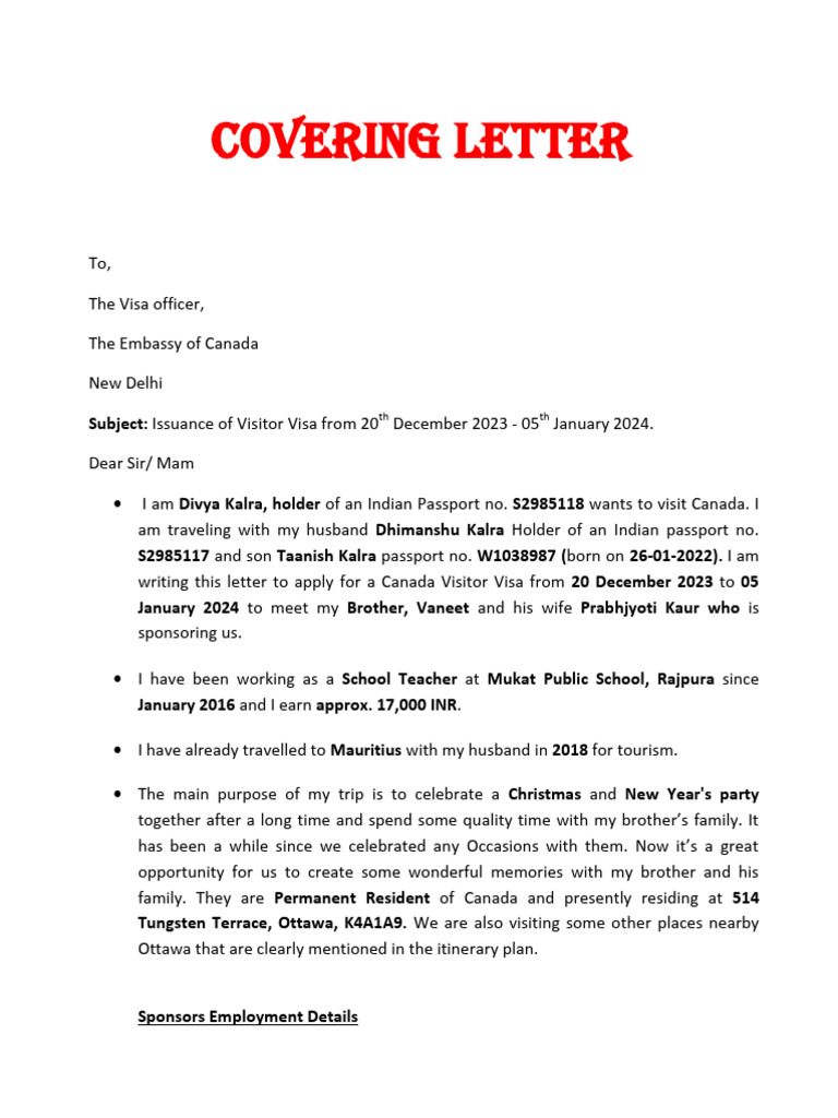 Divya Kalra Covering Letter | PDF | Travel Visa | Passport