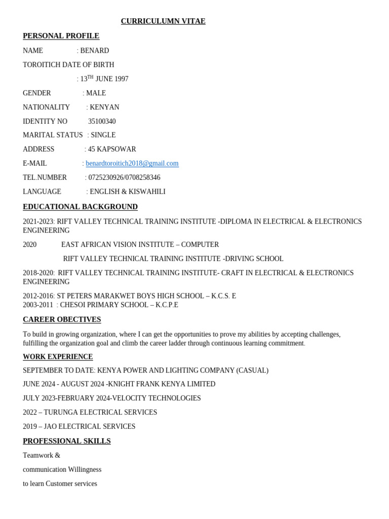 Benard Toroitich's CV: Electrical Engineer | PDF