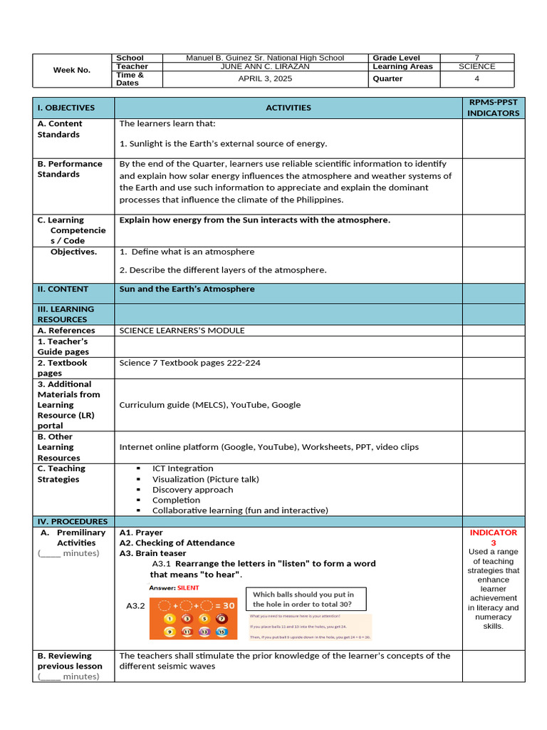 Solar Energy and Atmosphere Lesson Plan | PDF | Educational Technology ...