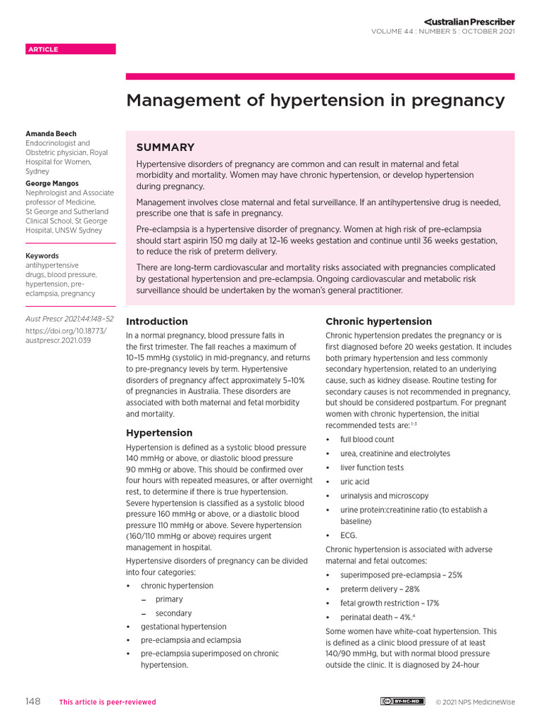 Management of Hypertension in Pregnancy | PDF | Hypertension | Blood ...