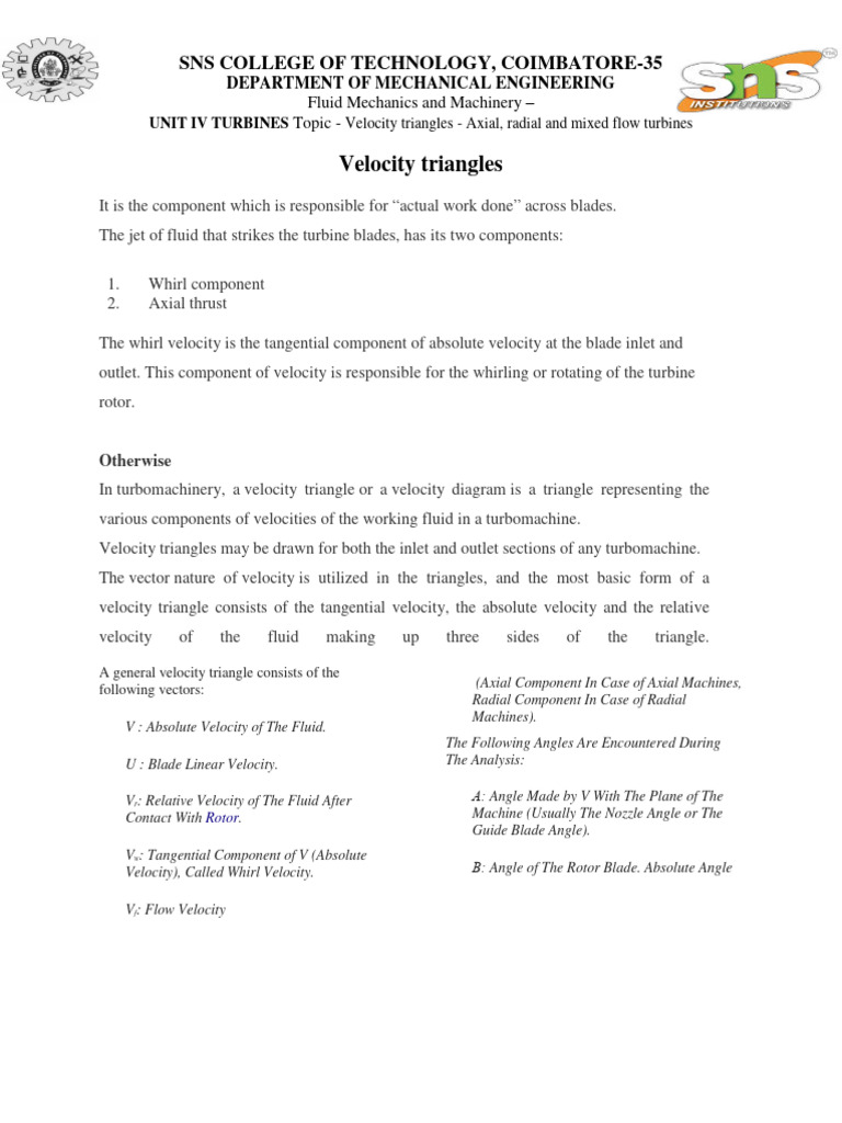 Velocity Triangles in Turbines Explained | PDF | Turbine | Turbomachinery